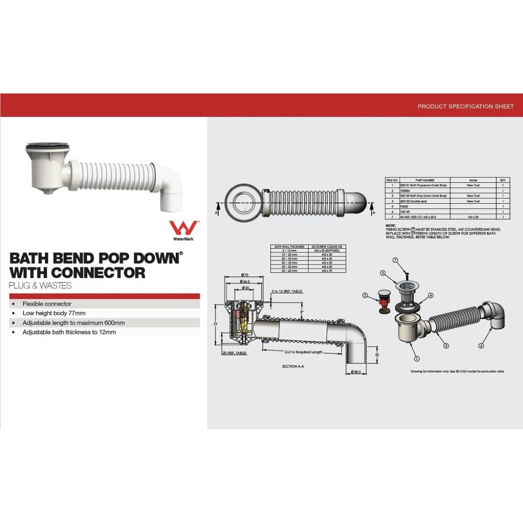 Bath Connector Flexible with Pop Down Waste 40mm - Bathrooms On A Budget