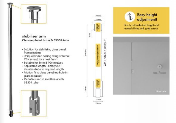 Purity Shower Screen Vertical Stabiliser Arm Chrome - Bathrooms On A Budget