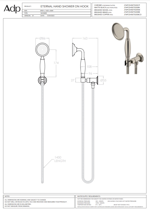 ADP Eternal Hand Shower On Hook Matte Black - Bathrooms On A Budget