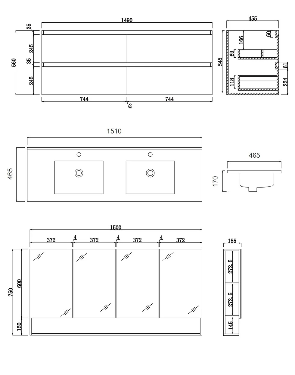 Legna 1500 Wall Hung Vanity Double Bowl