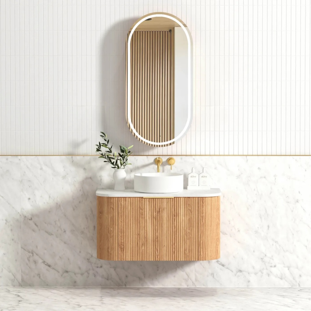 Bondi Woodland 900 Curve Oak Fluted Vanity | Bathrooms on a Budget