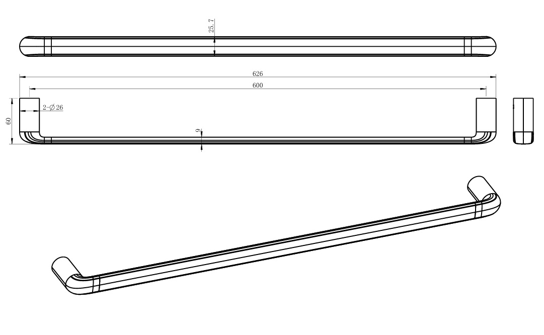 Berlin Single Towel Rail 600mm Brushed Nickel | Bathrooms on a Budget