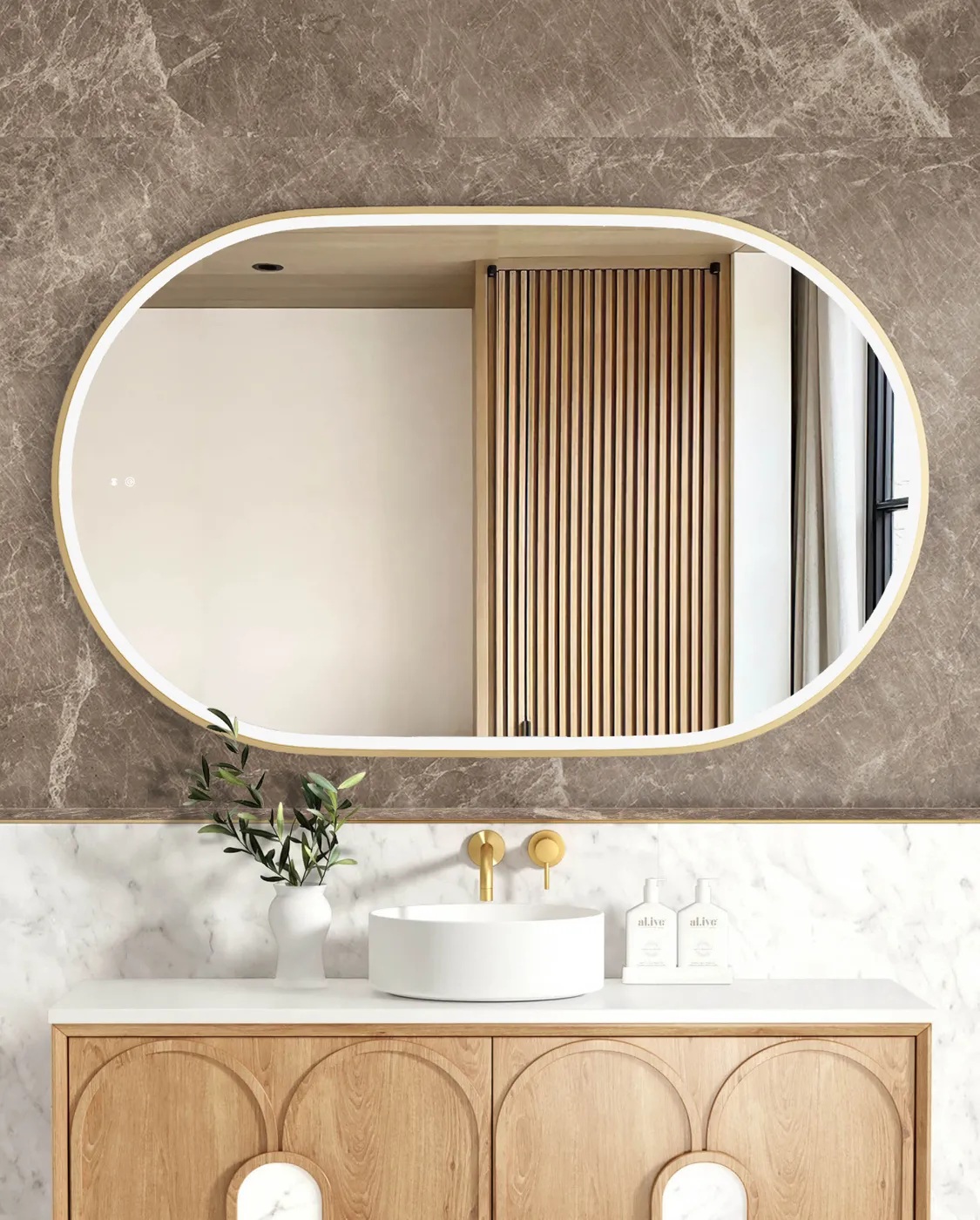 Noosa Matte Gold Metal Frame Led Mirror 1200 x 750 | Bathrooms on a Budget