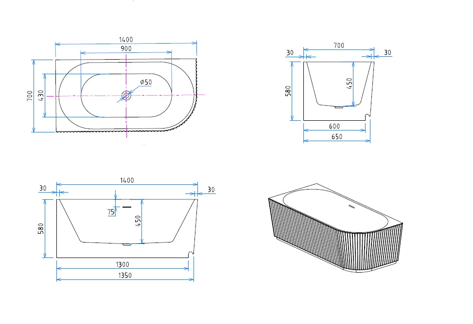 Cardwell Fluted 1400mm Corner Bath Tub Left